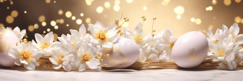 Golden and White Easter Eggs with Delicate Flowers and Bokeh Lights ...