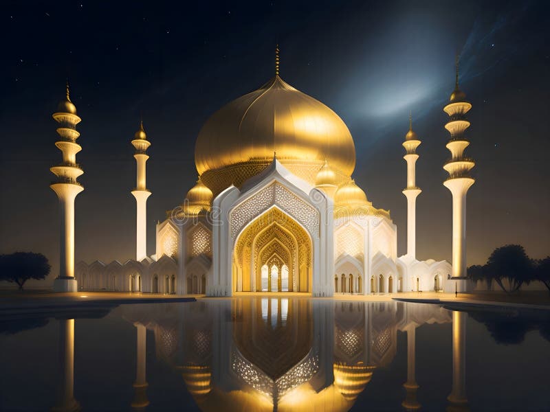 Golden and White Mosque in the Night Stock Illustration - Illustration ...