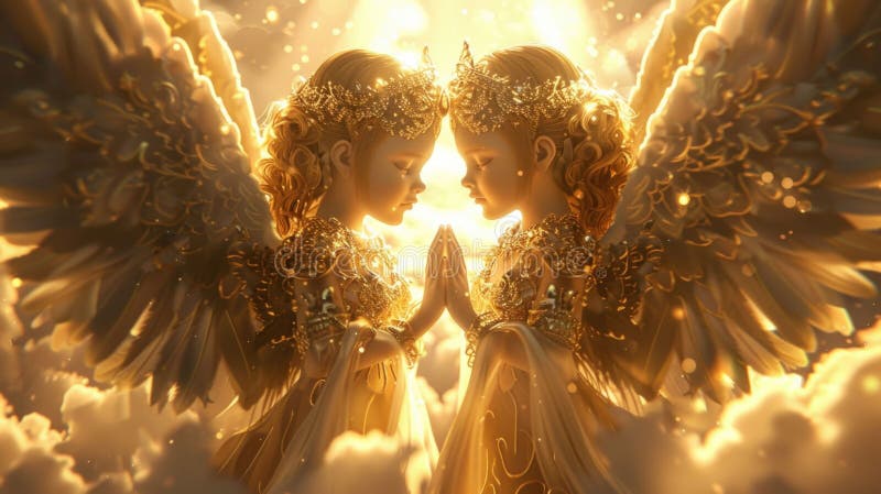 Golden Winged Angels in the Clouds. Generative Ai Stock Illustration ...