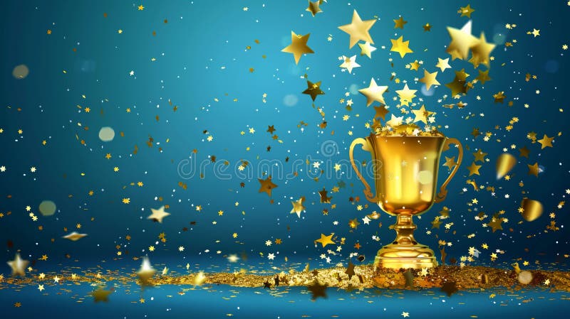Golden Trophy Award Celebration Blue Background Shiny Stars Festive ...