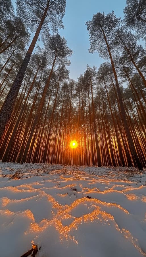 Golden Winter Sunset a Low Angle View Looking Up through a Snowy Pine ...