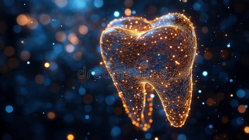 Golden Wireframe Tooth with Glowing Nodes Image with Digital Overlay ...
