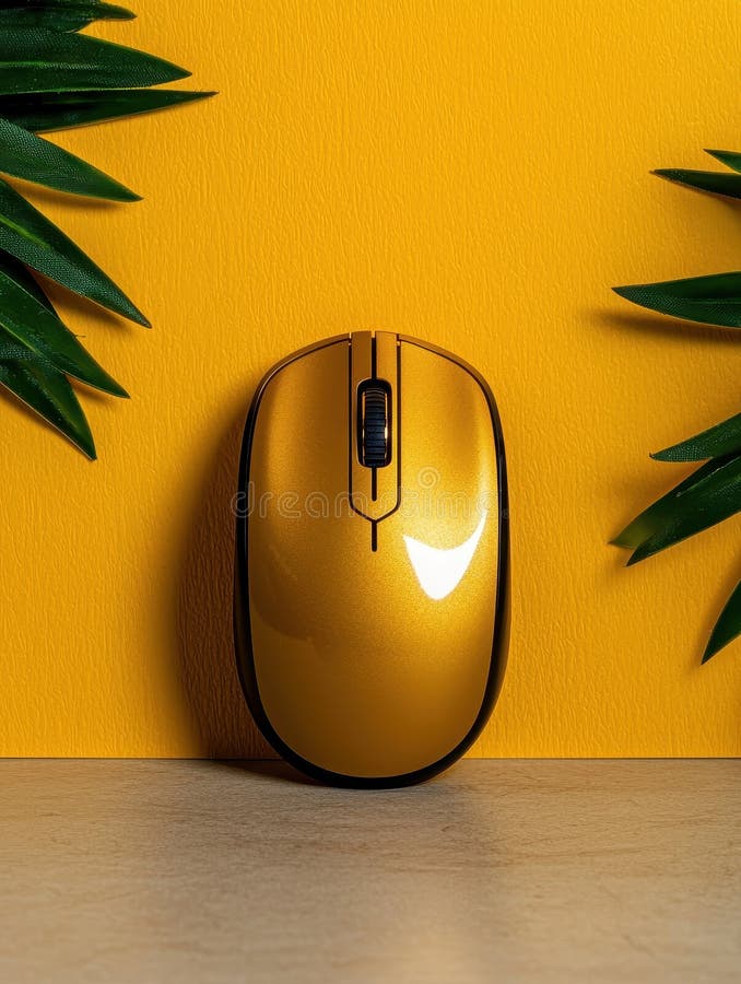 Golden Wireless Computer Mouse on Yellow Background with Tropical ...