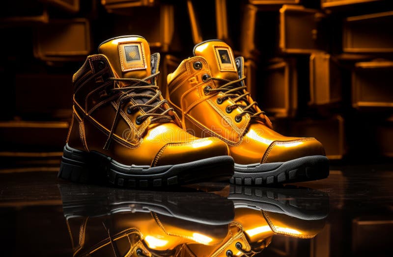 Golden Work Boots with Reflective Linings and Ankle Support Stock Photo ...