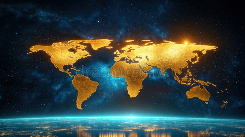Golden World Map Against a Backdrop of a Starry Night Sky Stock ...