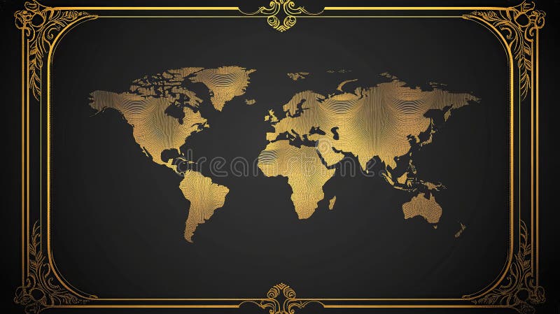 Golden World Map Feather Design, Ornate Frame Stock Image - Image of ...