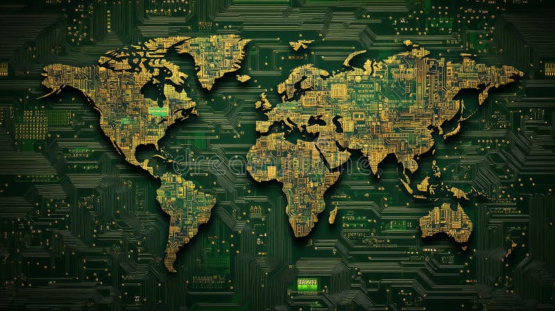 Golden World Map on Green Circuit Board Background Stock Illustration ...