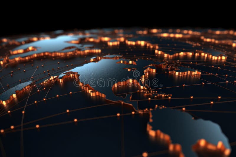 Golden World Map with Interconnected Cities. Generative AI Stock Photo ...