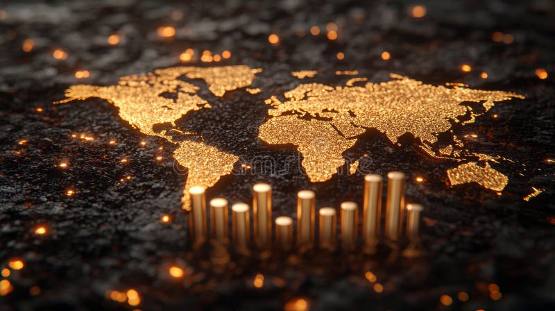 Golden World Map with Rising Bar Graph Elements Stock Illustration ...