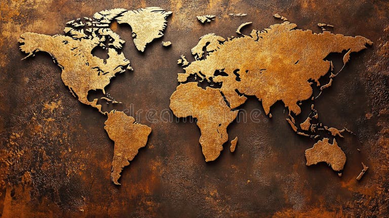 Golden World Map on Rusty Metal Background Stock Illustration ...