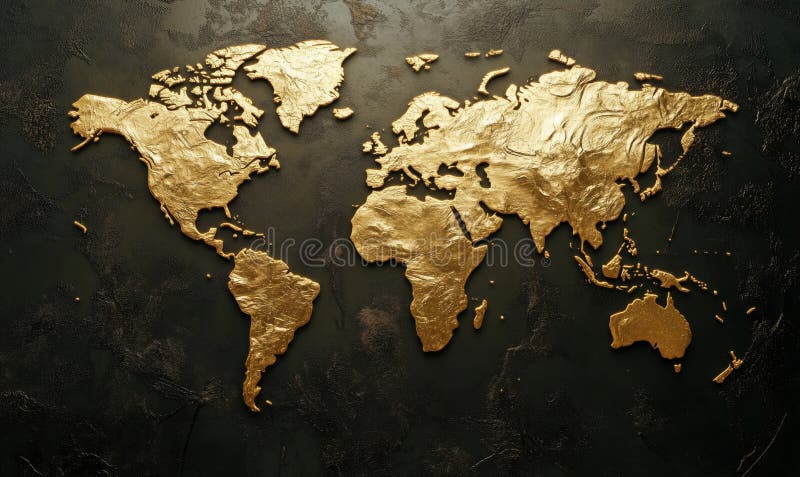 Golden World Map Sculpture on Dark Textured Background Stock Photo ...