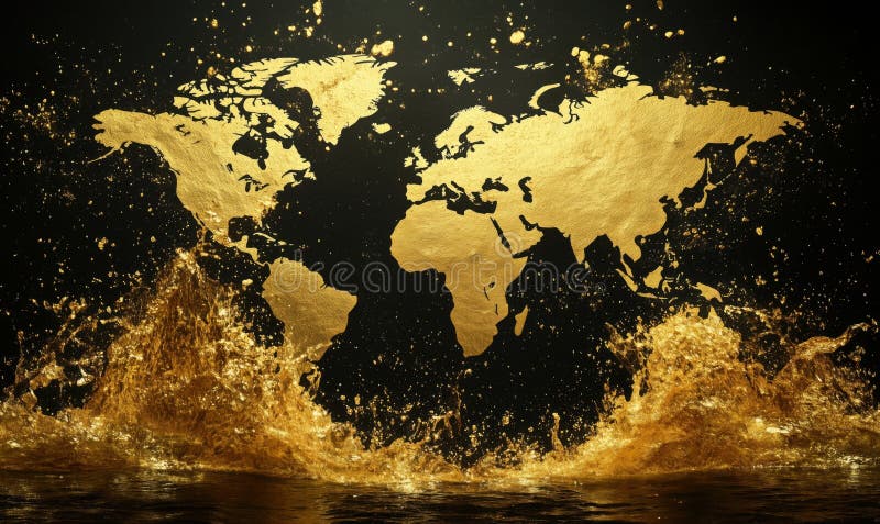 Golden World Map Splashing in Water with Dark Background and Sparkling ...