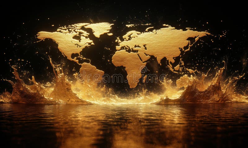 Golden World Map Splashing in Water with Dramatic Lighting Effects ...