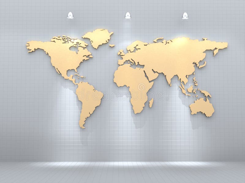 Golden World Map on White Wall with Light Spot. Stock Illustration ...