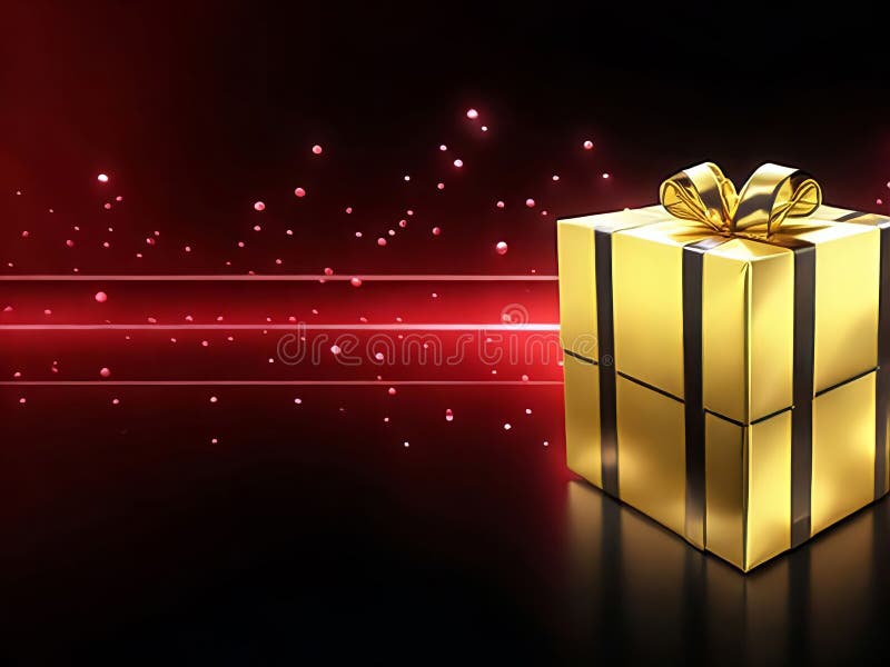 Golden Wrapped Gift Box with a Golden Bow on Reflective Surface on Red ...