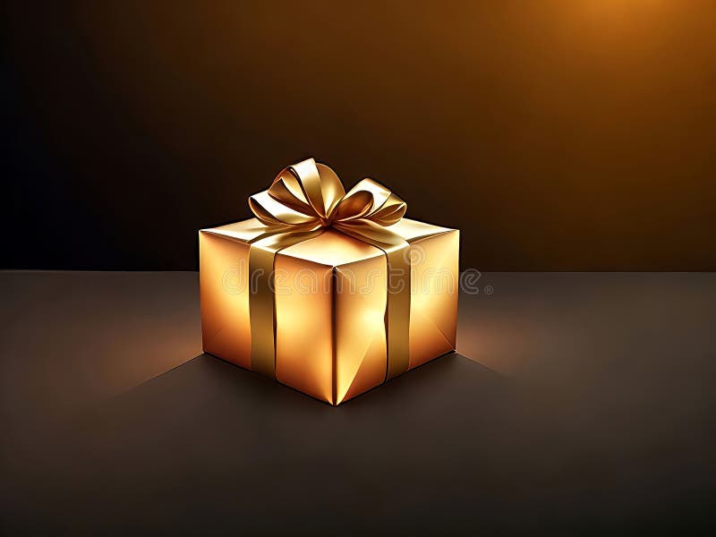 Golden Wrapped Gift Box with a Golden Bow on Reflective Surface on Red ...