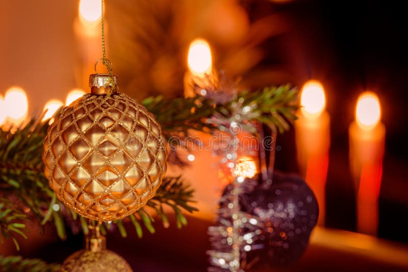 Golden Xmas Ball and Christmas Lights Stock Photo - Image of color ...