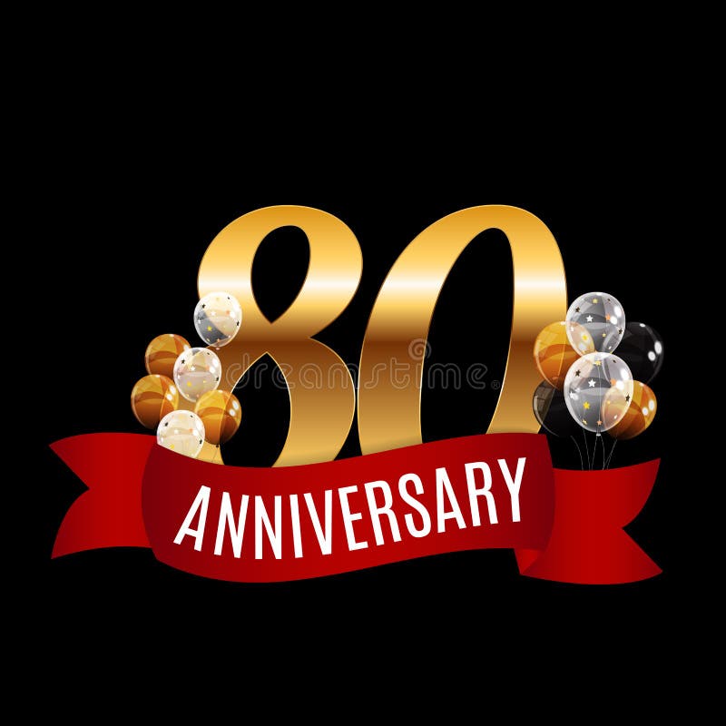 Golden 80 Years Anniversary Template with Red Ribbon Vector Stock ...