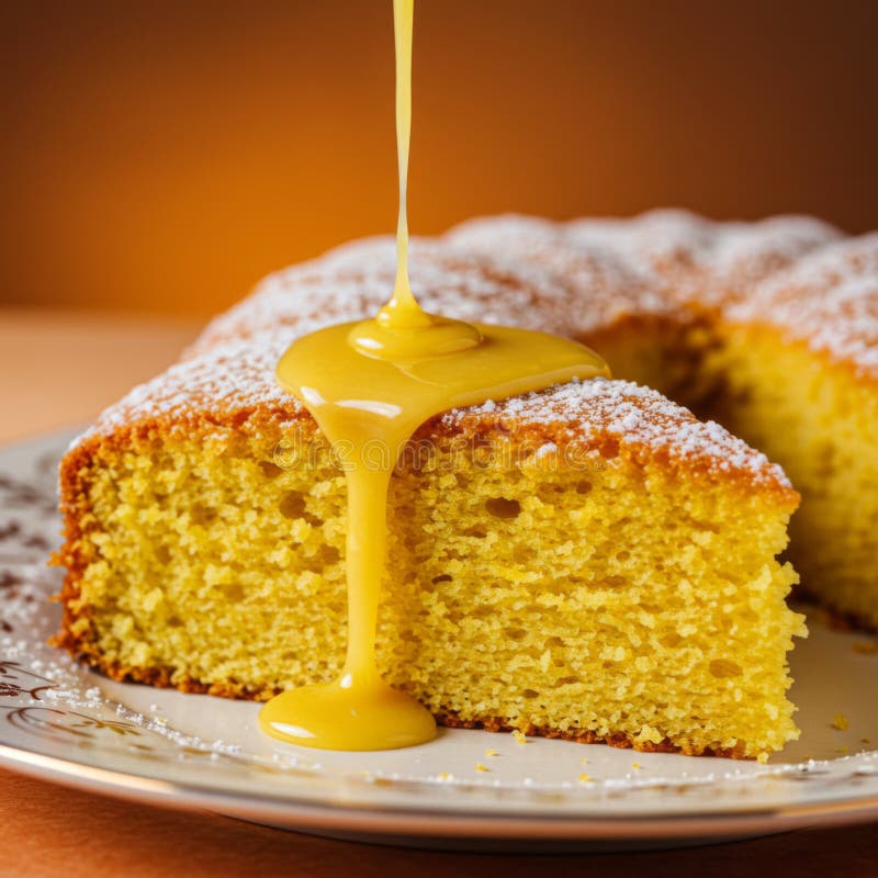 Golden Yellow Cake with Sweet Icing on Plate Stock Illustration ...