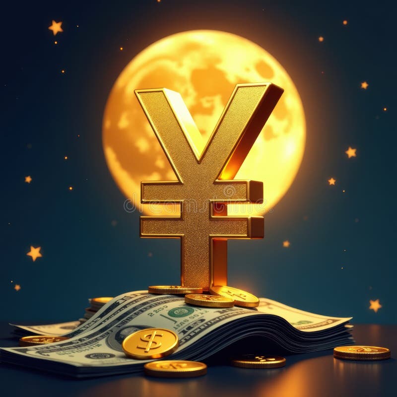 Golden Yen Symbol on Stack of Dollar Bills Under Full Moon Stock ...
