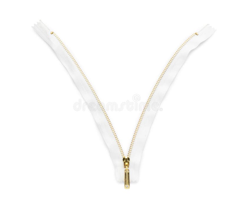 Golden Zipper Isolated on White, Top View Stock Photo - Image of open ...