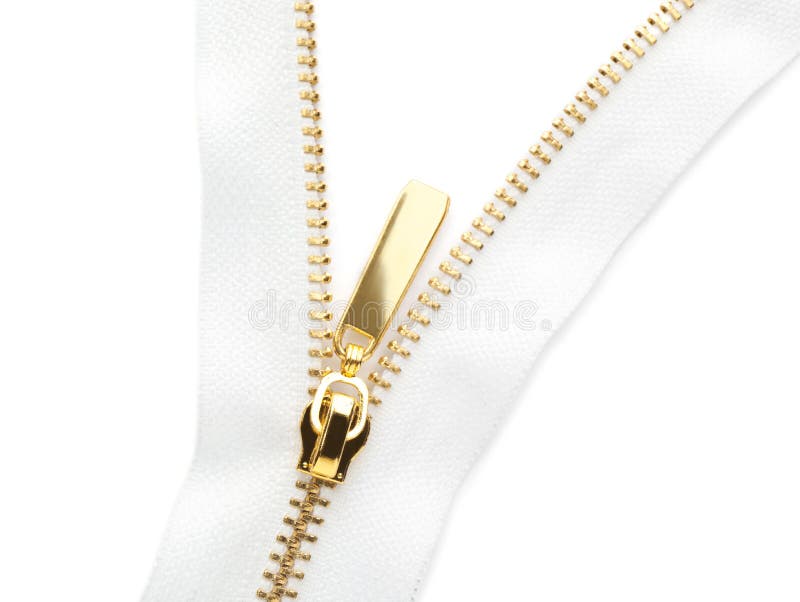 Golden Zipper on White Background, Top View Stock Image - Image of ...