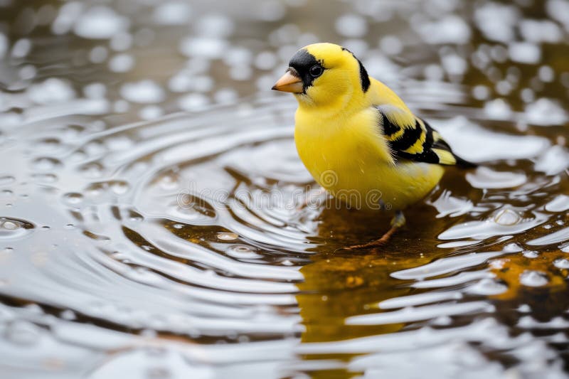 Goldfinch Standing in a Shallow Puddle with Ripples Stock Photo - Image ...