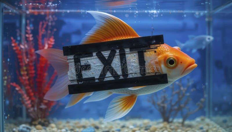 Goldfish with Exit Sign Swimming in Aquarium Representing Escape and ...