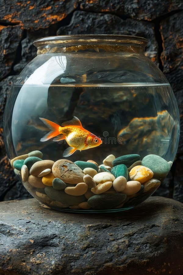A Goldfish in a Fish Bowl with Rocks and Pebbles. Generative AI Stock ...
