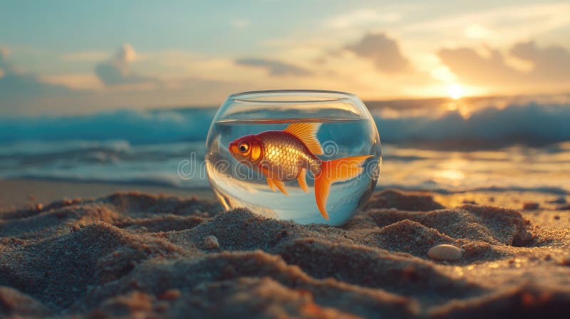 Goldfish in a Fishbowl on a Beach. Freedom Concept Stock Illustration ...