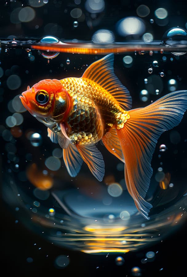 Goldfish in Fishbowl with Bubbles. the Fish in the Bowl is Swimming ...