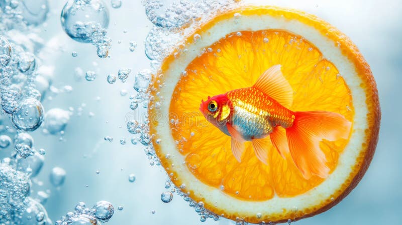 Goldfish Inside an Orange Slice with Water Bubbles Surrounding, Surreal ...