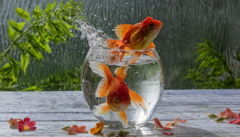 Goldfish Jumping Out of Round Fishbowl into Freedom Stock Illustration ...