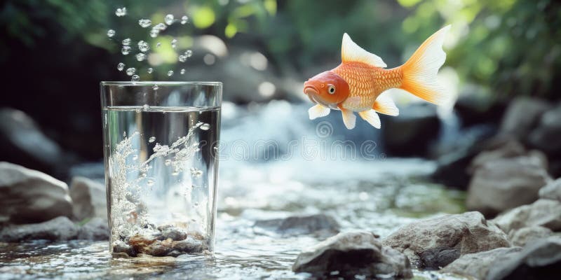 A Goldfish Leaping into a Glass of Water from the Surface Stock Photo ...
