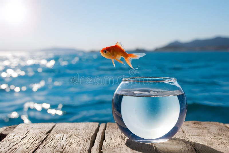 Goldfish Leaps from Fishbowl with Shimmering Blue Water Background ... Goldfish Leaps from Fishbowl with Shimmering Blue Water Background ...