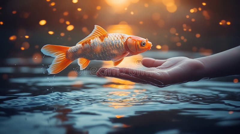 A Goldfish Leaps into a Hand. Golden Fish, Water, Nature Stock ...