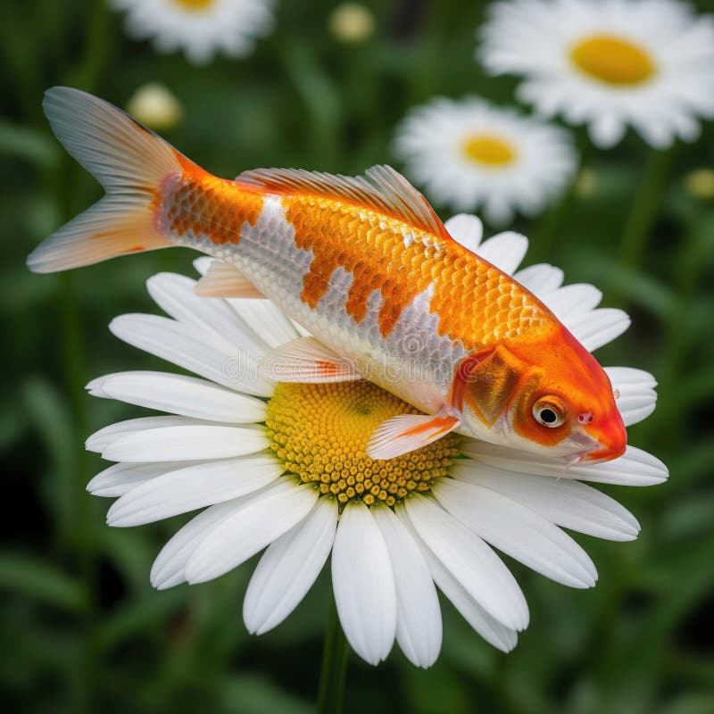 A Goldfish Lies on a Chamomile Flower. Stock Image - Image of garden ...