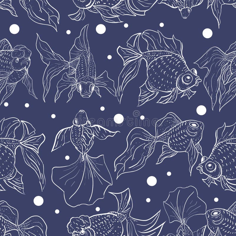 Goldfish Over Deep Blue Background. Seamless Vector Pattern for Textile ...