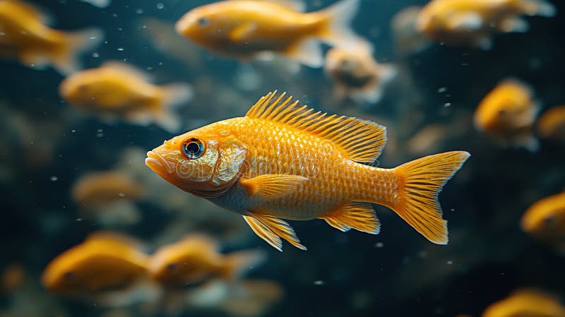 Goldfish School in Aquarium, Focus on One Fish, Blurred Background ...