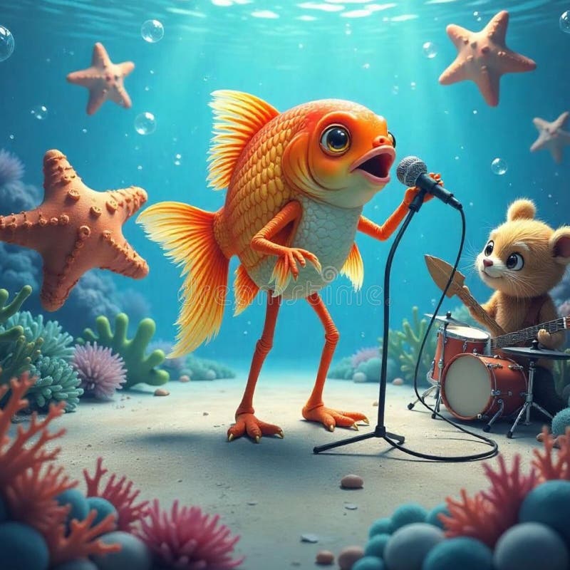 A Goldfish Singing in a Stage with a Microphone Stock Illustration ...