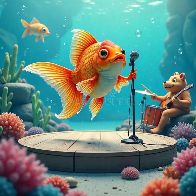 A Goldfish Singing in a Stage with a Microphone Stock Illustration ...