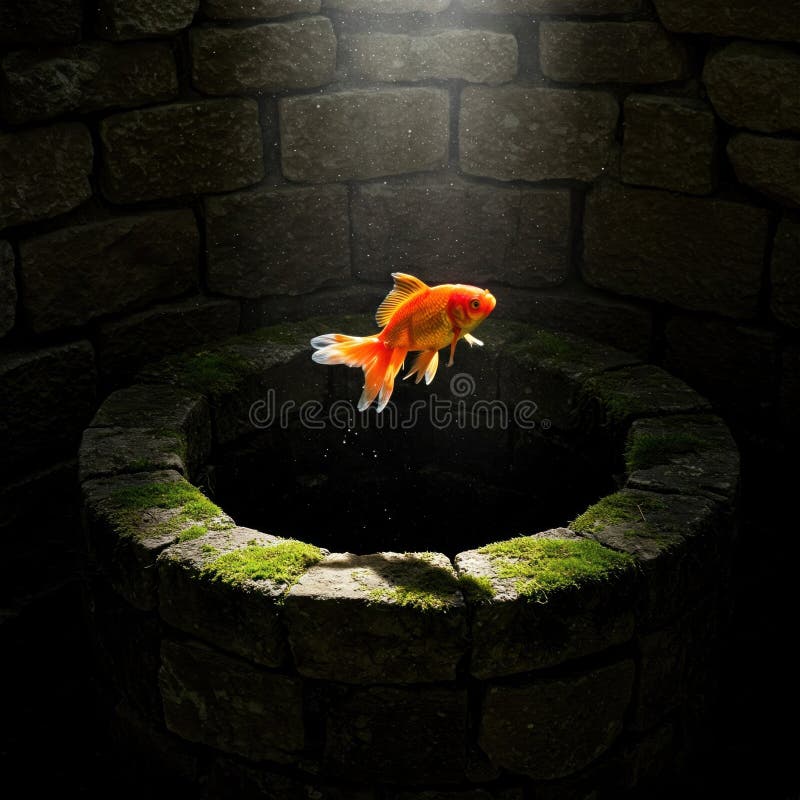A Goldfish Soars in a Beam of Light Over an Old Well. Stock Image ...
