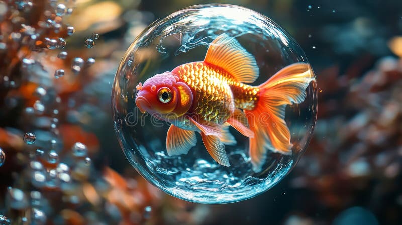 Goldfish Swimming Inside a Bubble, Surreal Underwater Scene Stock Photo ...
