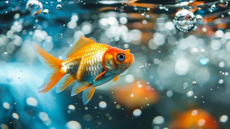 Goldfish Swimming Underwater with Bubbles and Light Stock Photo - Image ...