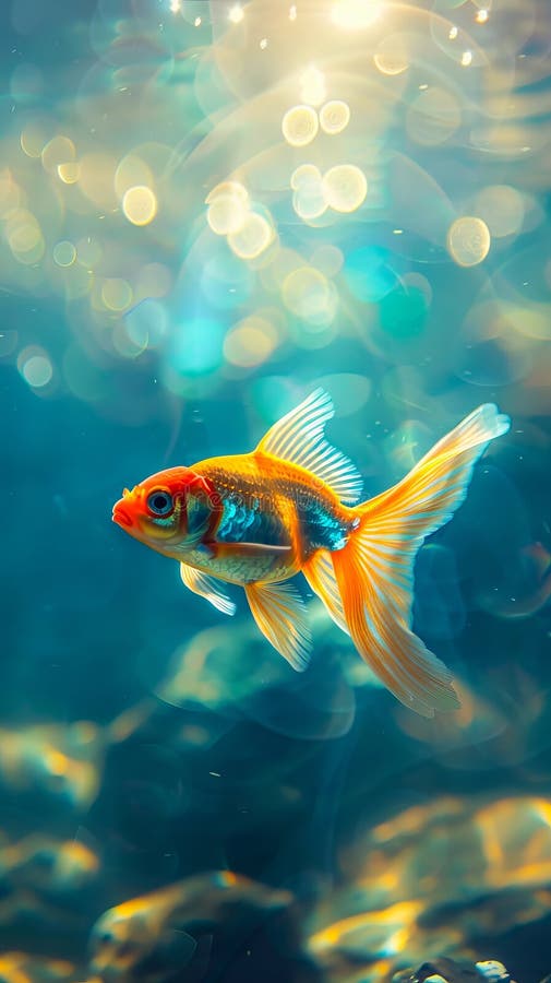 A Goldfish Swimming in the Water with Bright Light Stock Photo - Image ...