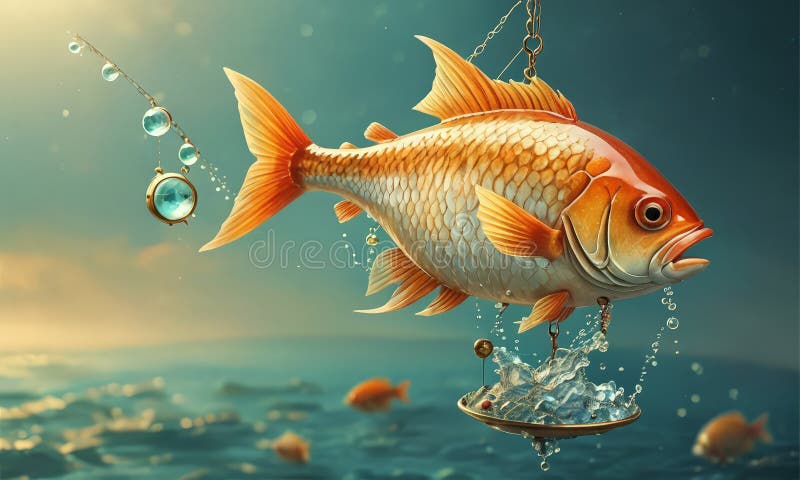 Goldfish Swims in Blue Ocean, Suspended by String from Floating Scale ...