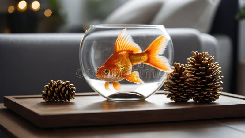 Golden Fish in a Glass Bowl with Decorative Pine Cones Stock ...