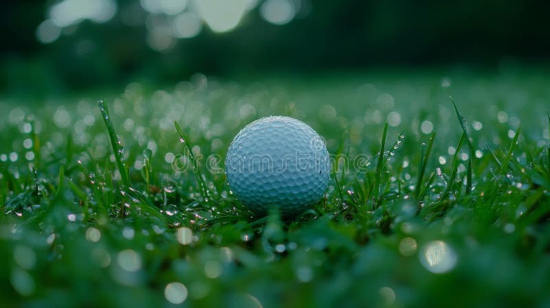 Golf Ball on Dew-Covered Grass at Sunrise Stock Illustration ...
