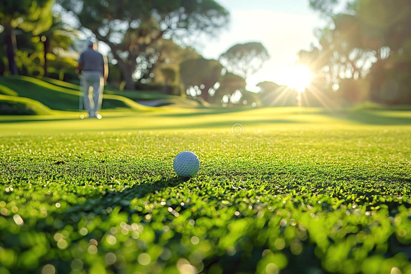 Golf Ball on Green Grass of Lawn on Golf Course in Summer at Sunny Day ...