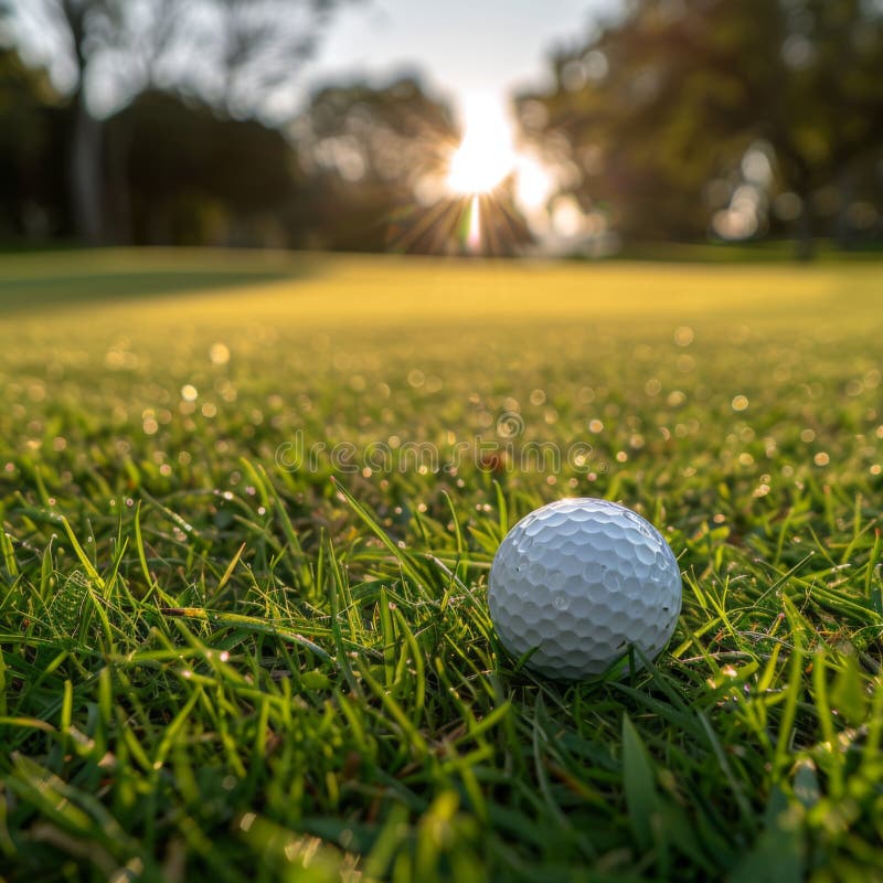 Golf Ball on Green Grass with Sunset in the Background Stock ...